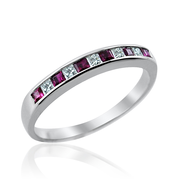 Ruby Square and Diamond Princess Cut Half Eternity Ring