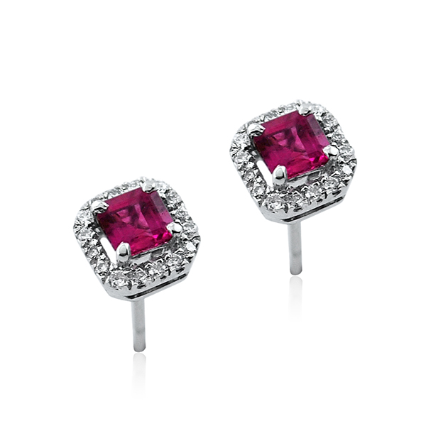 Ruby Square and Diamond Halo Stud Earrings
