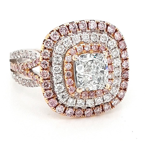 Radiant and Pink Diamond Triple Halo Diamond Ring